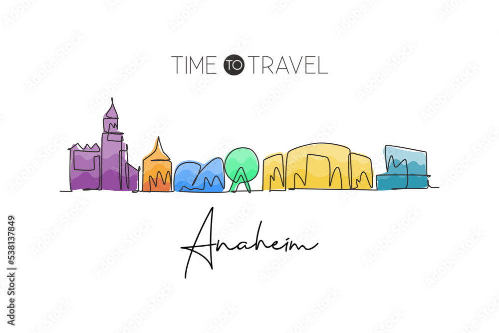 One single line drawing of Anaheim city skyline, California. Historical ...