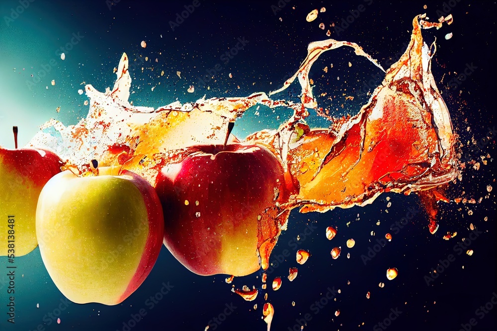 Sweet apple golden juice explosion, splash through flying fruits ...