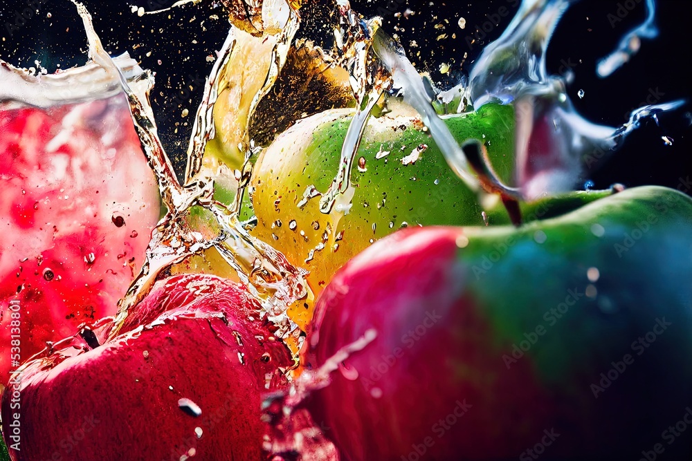 Sweet apple golden juice explosion, splash through flying fruits ...