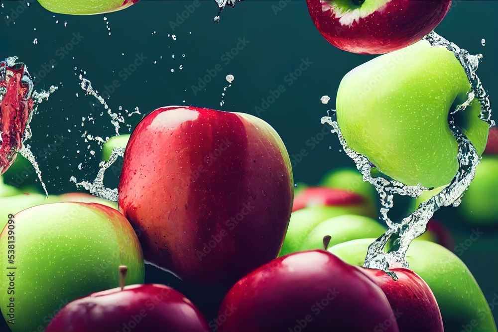 Sweet apple golden juice explosion, splash through flying fruits ...