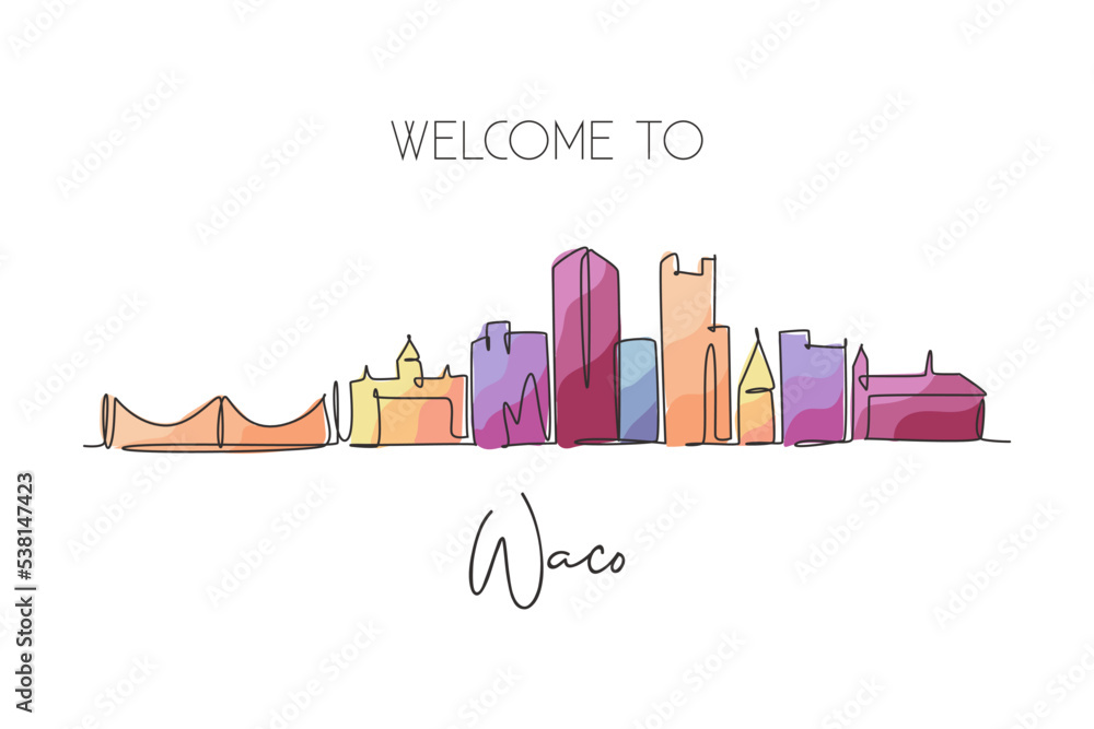 Vetor de One single line drawing Waco city skyline, Texas. World ...