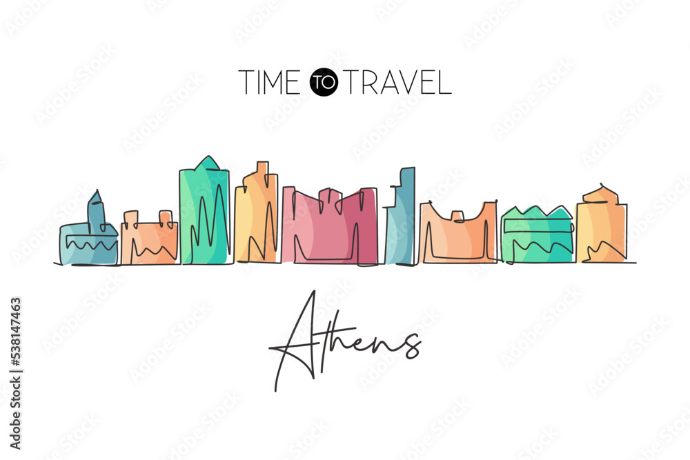 One single line drawing Athens city skyline, Georgia. World historical ...
