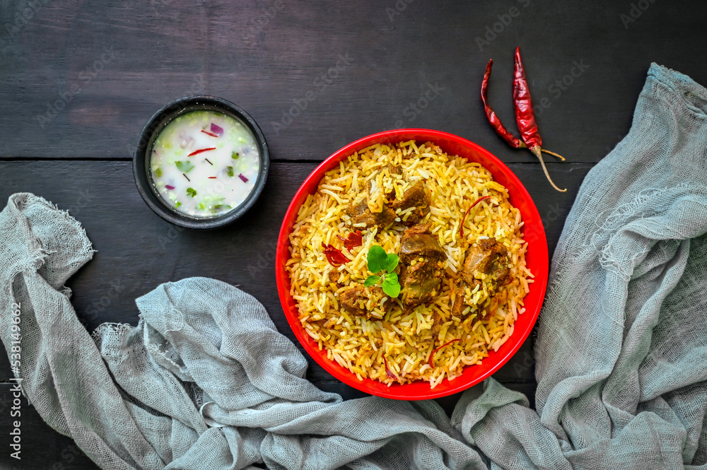 Delicious mutton biryani top view.Biryani rice dish Beautiful Indian ...