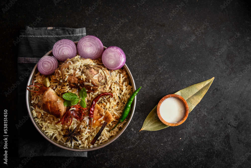 Delicious mutton biryani top view.Biryani rice dish Beautiful Indian ...