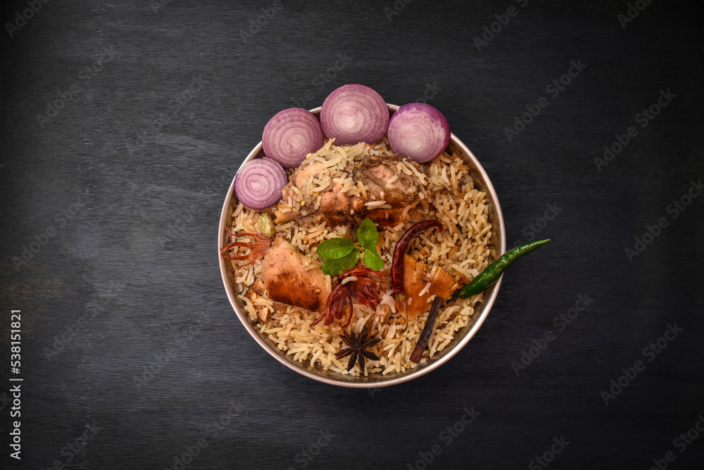 Delicious mutton biryani top view.Biryani rice dish Beautiful Indian ...