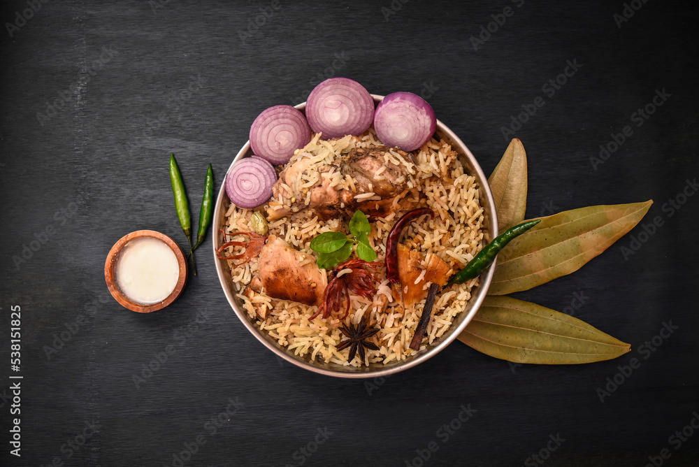 Delicious mutton biryani top view.Biryani rice dish Beautiful Indian ...