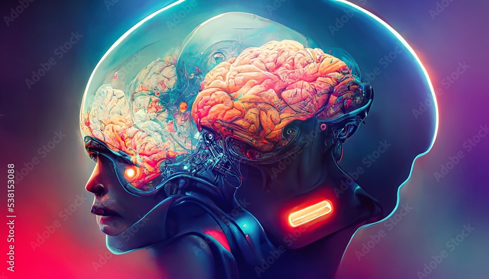 Artificial Intelligence Android Head with Disturbing Organic Brain ...