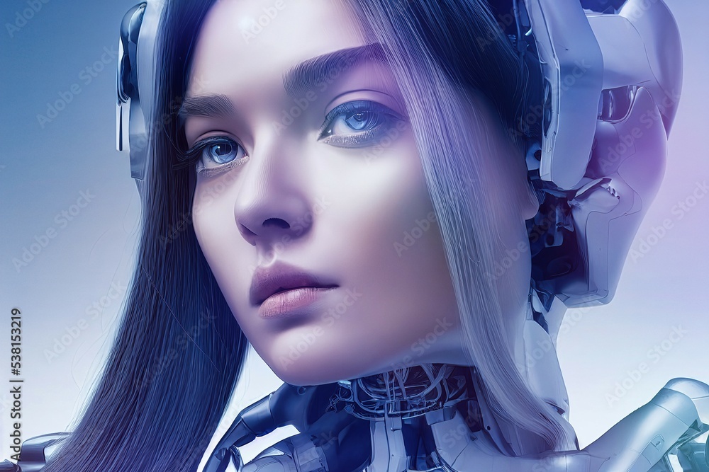 Artificial Intelligence Robotic Android Woman with Silver Hair and ...