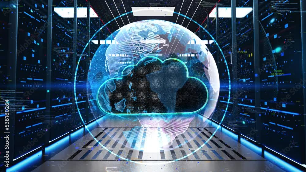 Cloud Icon Moving Through Rack Servers in Data Center. Cloud services ...