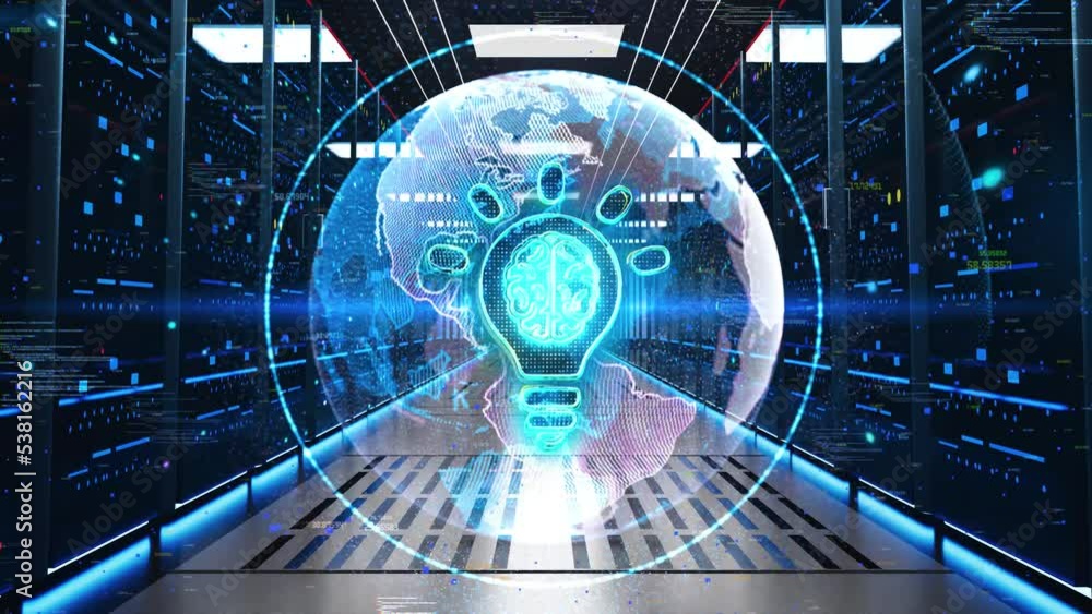 Light Bulb Idea Icon Moving Through Rack Servers in Data Center ...