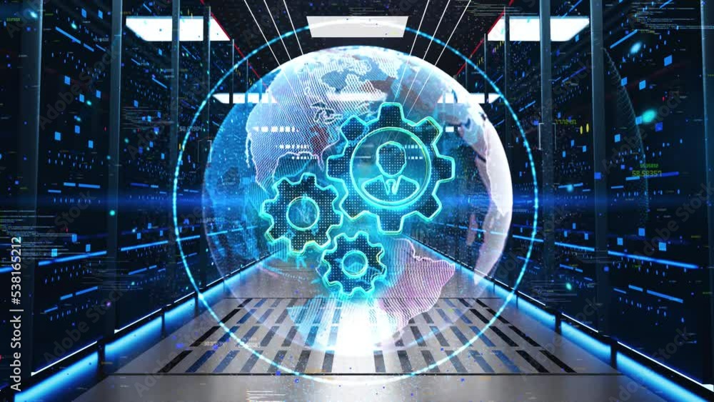 Automation Icon Moving Through Rack Servers in Data Center. Concept of ...