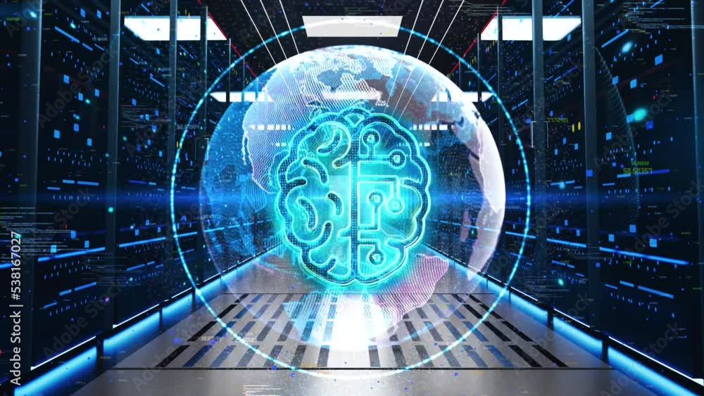 Brain Technology Icon Moving Through Rack Servers in Data Center ...