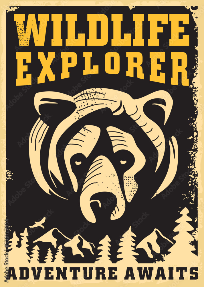 Wildlife adventures poster design with grizzly bear graphic and forest ...
