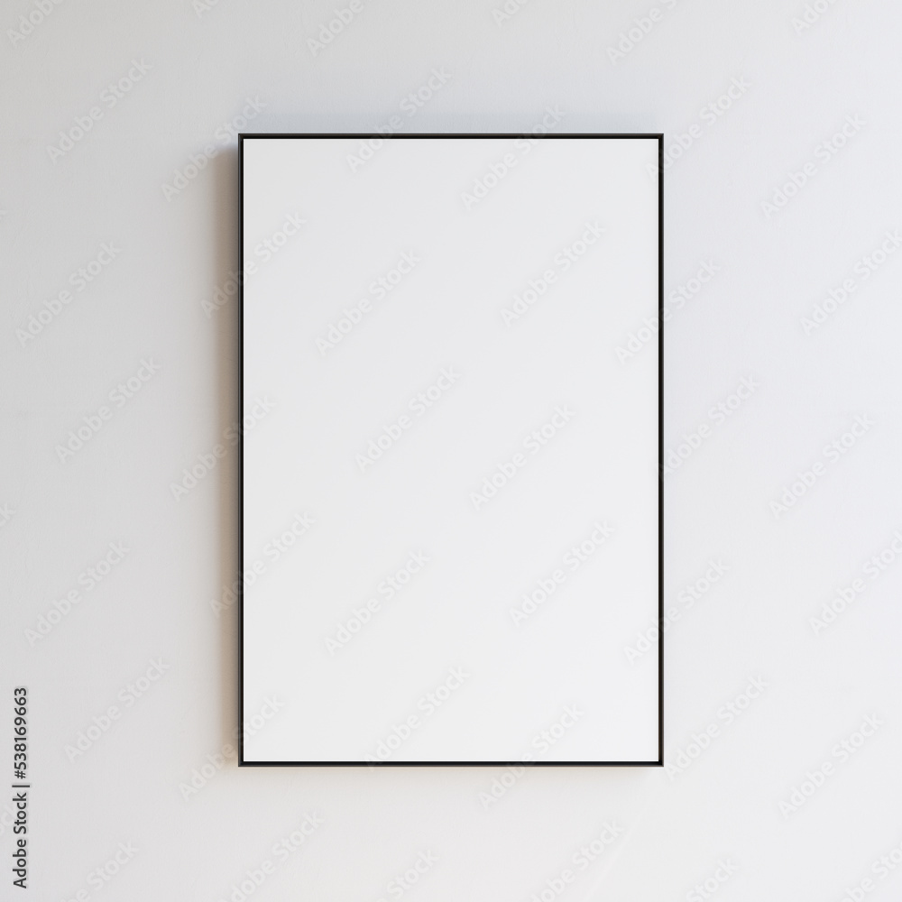 Blank picture with thin black border hanging on white wall, portrait ...
