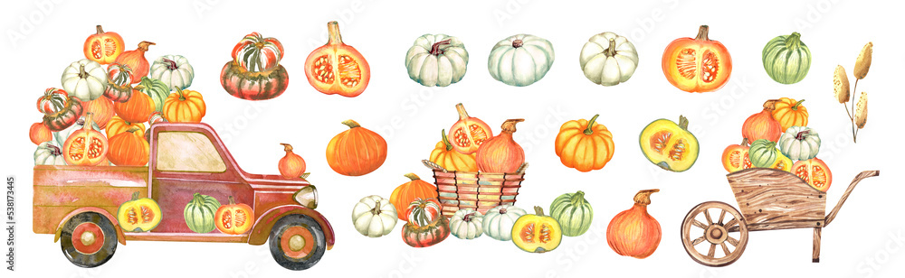 Pumpkin farm, truck clip art. Autumn mood. Isolated elements on a white ...