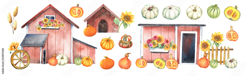 Pumpkin farm clip art. Autumn mood. Isolated elements on a white ...