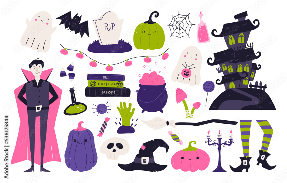 Set of cute Halloween elements, cartoon flat vector illustration ...