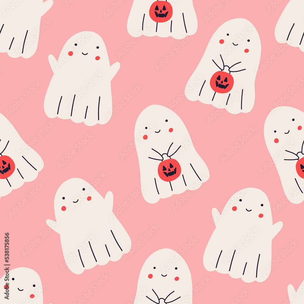 Cute ghost seamless pattern, cartoon flat vector illustration on pink background. Funny ghost ...