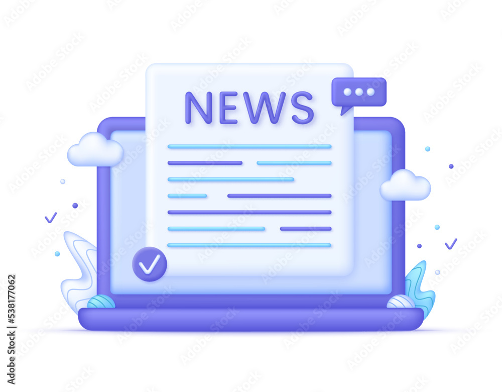 3D Computer and News illustration. Sheet of paper with header and ...