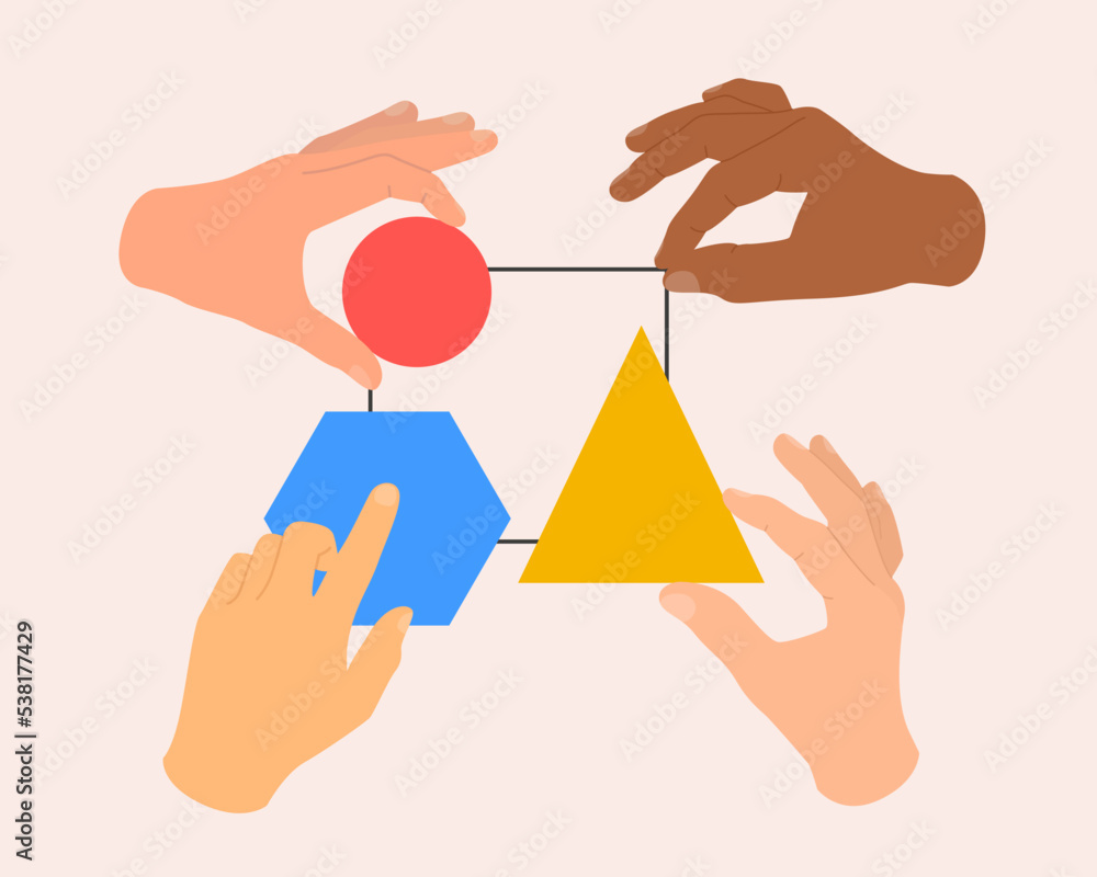 Human hands connect geometrical shapes and figures. Partnership and ...