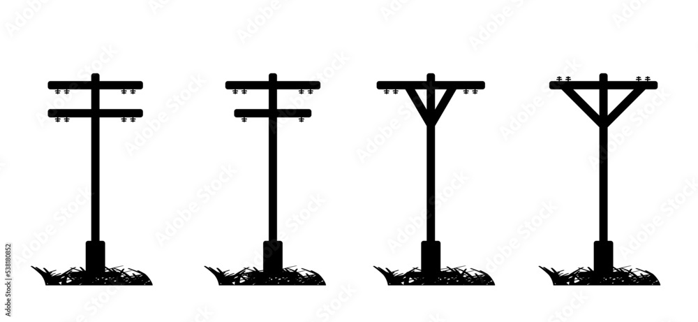 Tangent towers. High voltage pole, electric wires and telephone cable ...