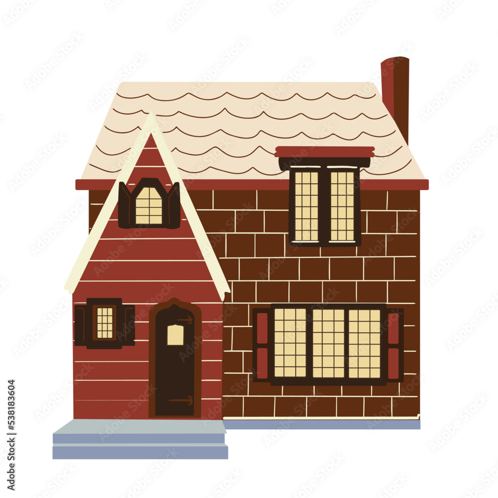 Cute hand drawn little country house with door, windows. Two stored ...