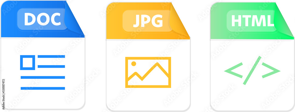 File type icons. Set of doc, jpg, html. Collection colored icons for ...