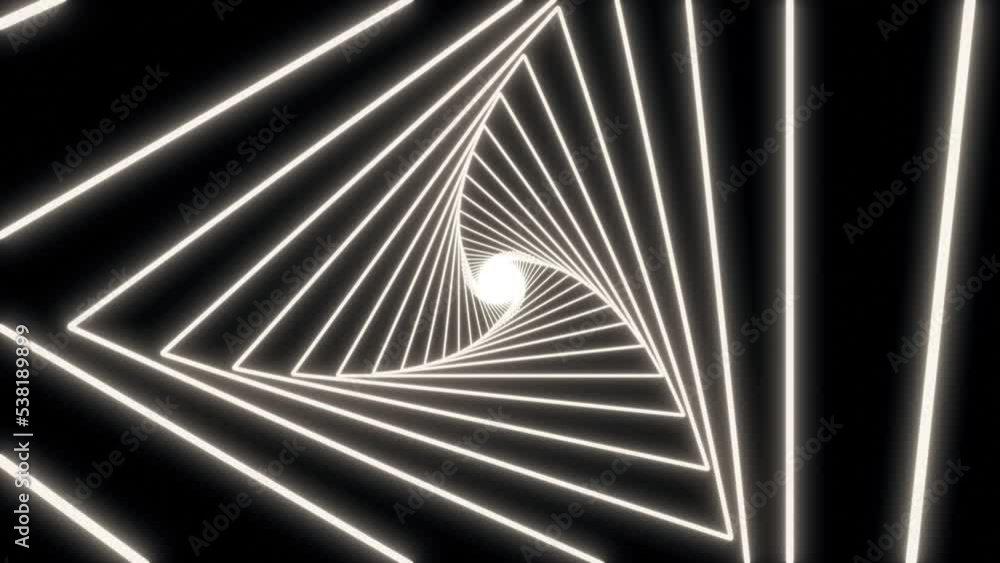 Camera moving into White neon triangular tunnel, abstract 3D glowing background with spectral ...