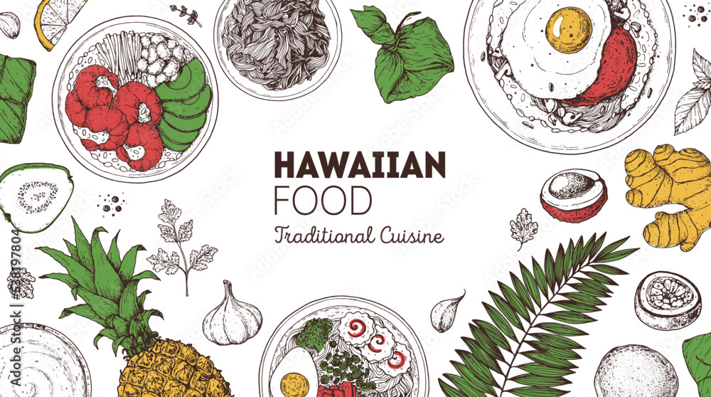 Hawaiian food top view vector illustration. Food menu design template ...