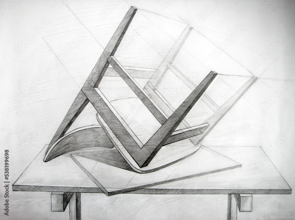 Pencil drawing. The chair is overturned on the table. Study in art ...