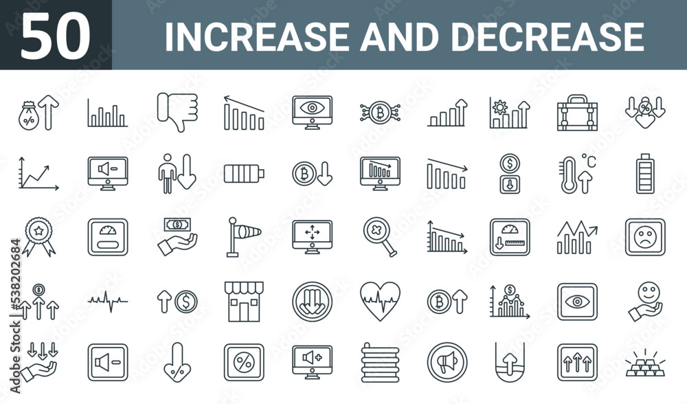 set of 50 outline web increase and decrease icons such as increase, bar chart, thumbs down ...