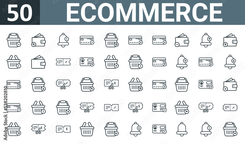 set of 50 outline web ecommerce icons such as shopping cart, wallet, notification bell, credit ...