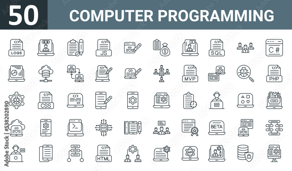 Set Of 50 Outline Web Computer Programming Icons Such As Log File Customer Task Planning Js