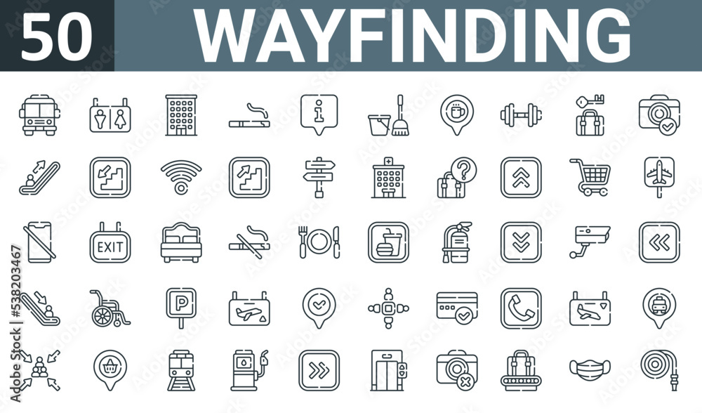 set of 50 outline web wayfinding icons such as bus, toilet, office ...