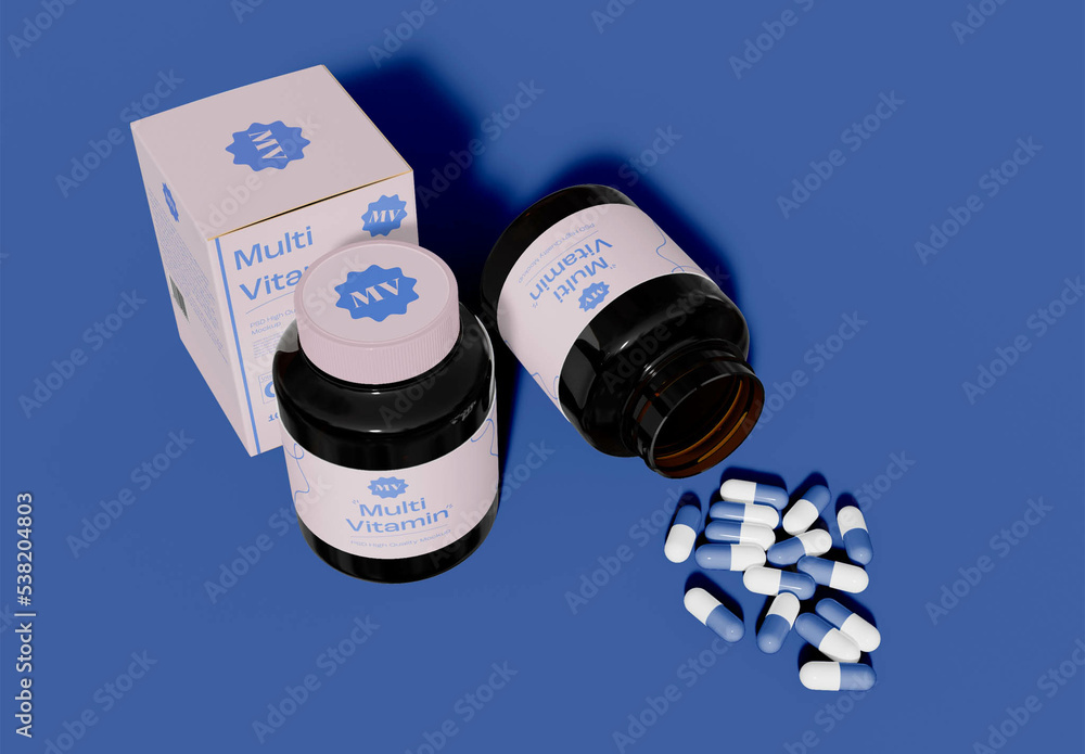 Pills Bottles and Box Packaging Mockup Stock Template | Adobe Stock