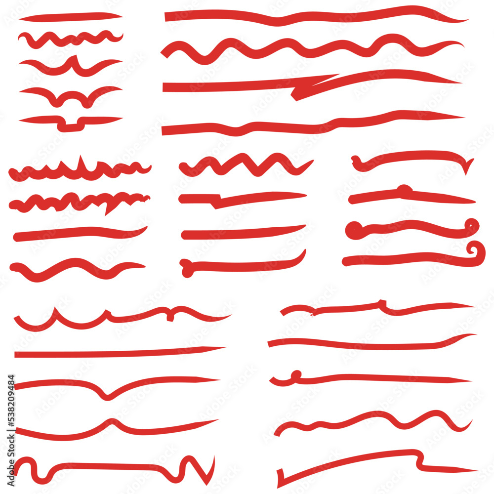 Handmade Collection Set Of Red Underline Vector . Doodle Style ...