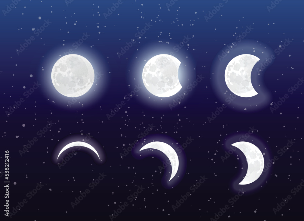 Realistic moon vector at different stages in the night sky. Stock ...