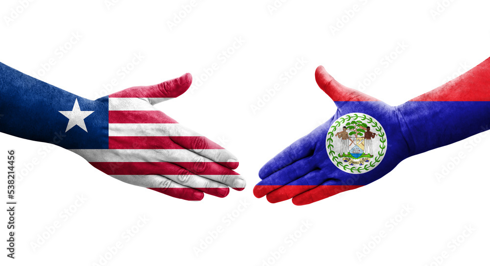 Handshake between Belize and Liberia flags painted on hands, isolated ...
