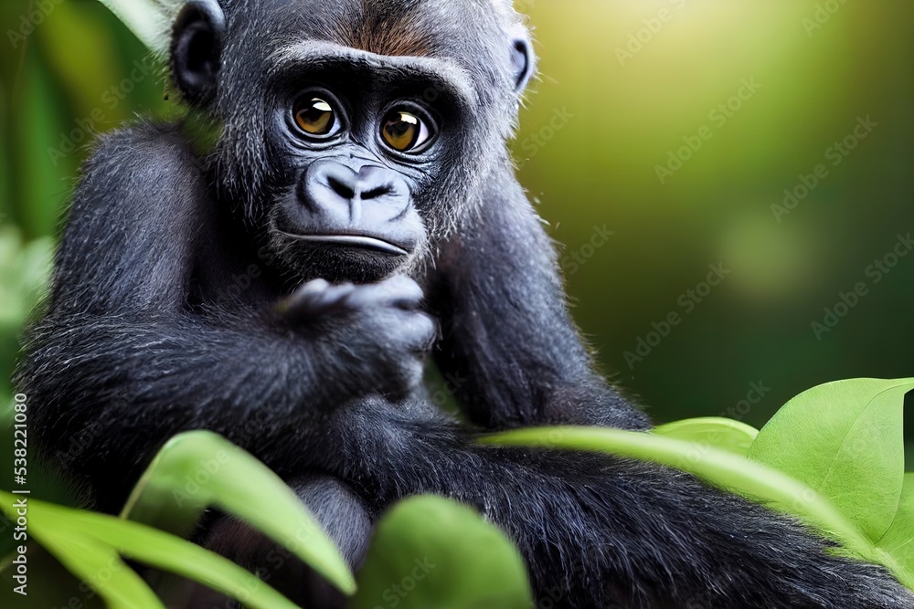 Tiny cute adorable chimpanzee in the jungle, intricate details. Cartoon ...