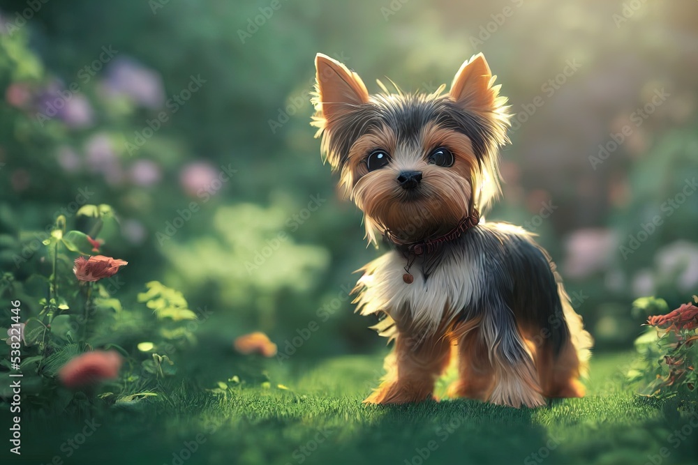 Tiny cute adorable yorkshire terrier in the garden, intricate details ...