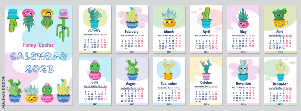 Calendar 2023. Stock vector. Fun and cute calendar with hand drawn ...