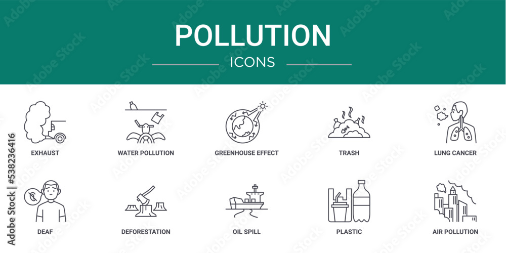 set of 10 outline web pollution icons such as exhaust, water pollution ...