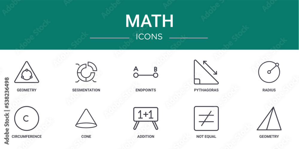 set of 10 outline web math icons such as geometry, segmentation ...