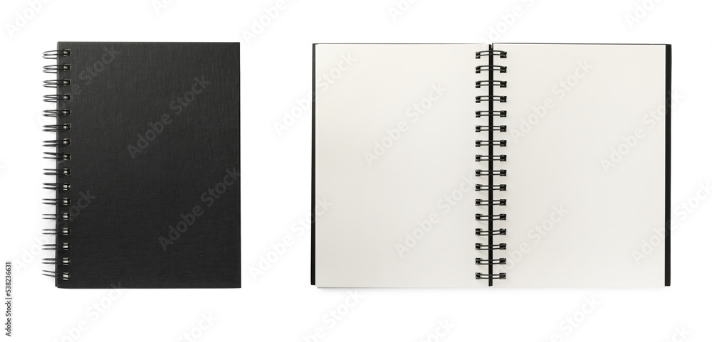 Open and closed notebooks on white background, top view. Banner design ...