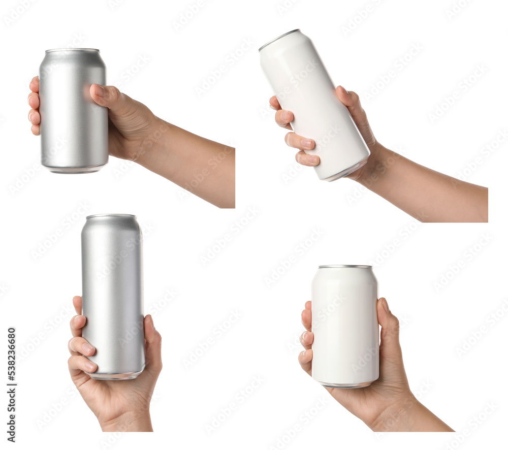 Collage with photos of women holding different cans with beverages on ...