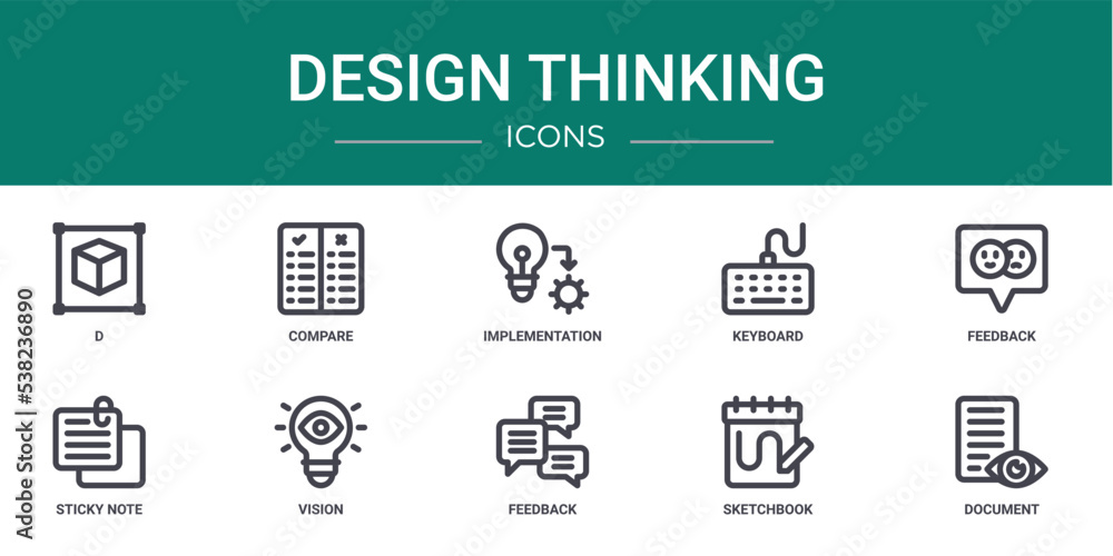 set of 10 outline web design thinking icons such as d, compare ...