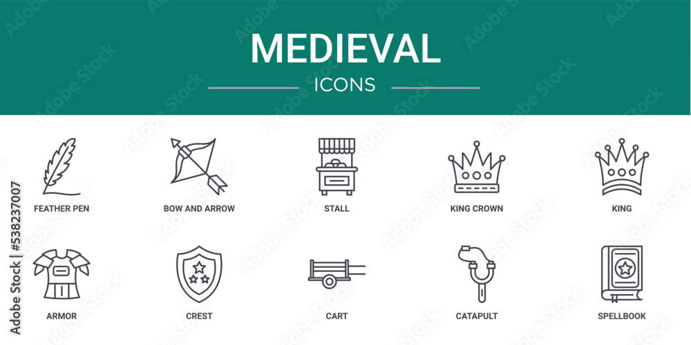set of 10 outline web medieval icons such as feather pen, bow and arrow ...