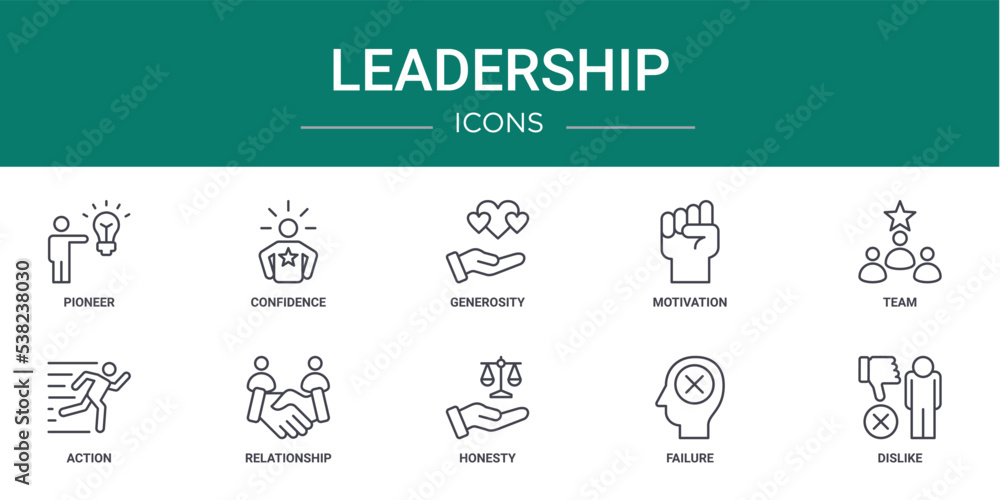 set of 10 outline web leadership icons such as pioneer, confidence ...