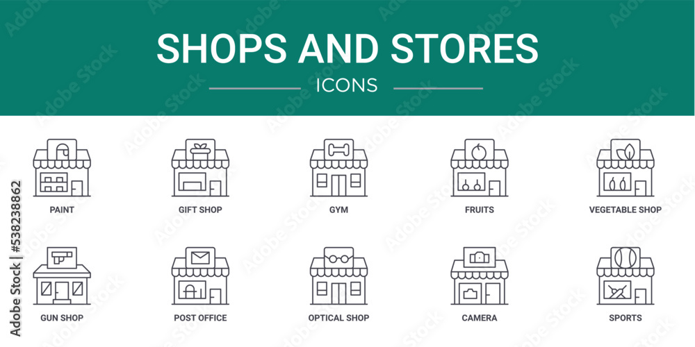 set of 10 outline web shops and stores icons such as paint, gift shop ...
