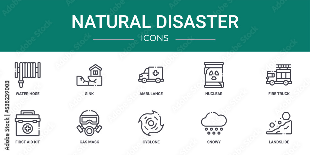 set of 10 outline web natural disaster icons such as water hose, sink ...